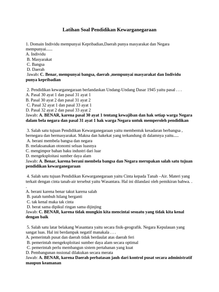 Latihan Soal Pendidikan Kewarganegaraan UAS | PDF