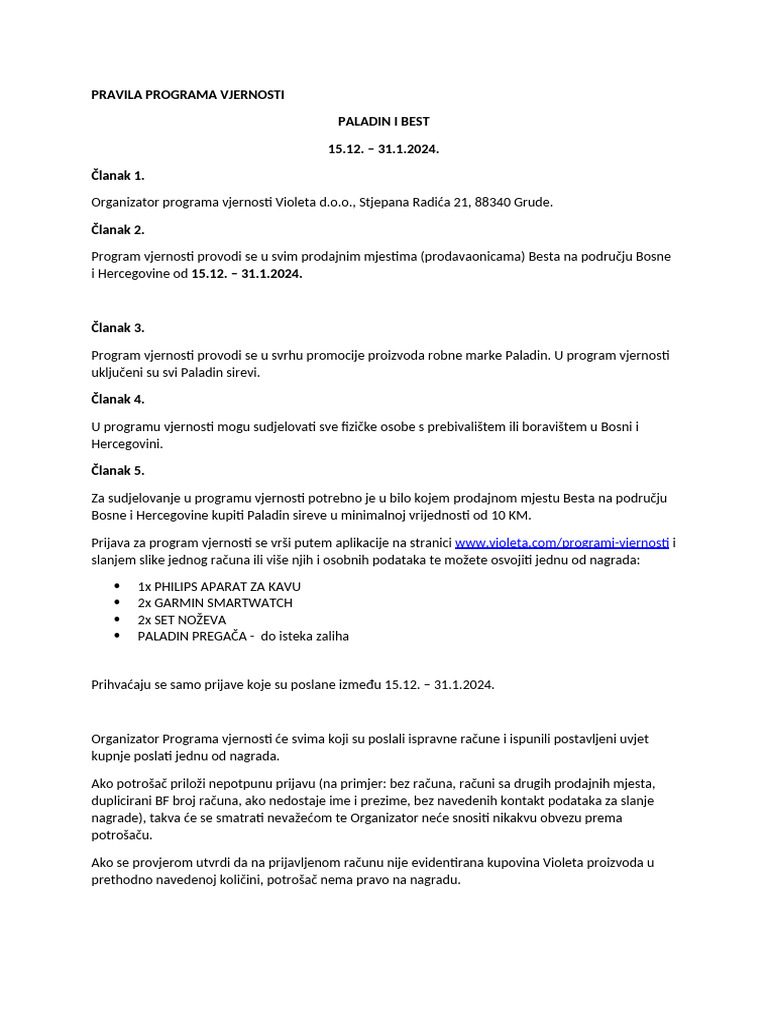 Pravila Programa Vjernosti Paladin I Best | PDF