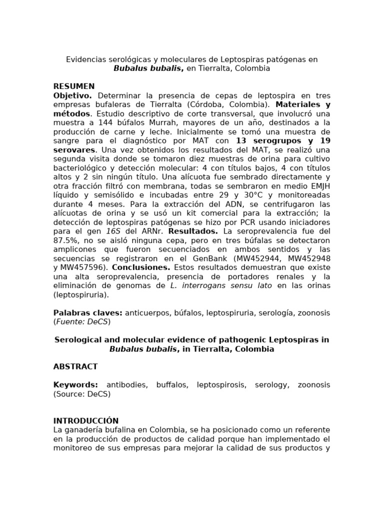 Resumen Objetivo. Materiales y Métodos: Bubalus Bubalis | PDF