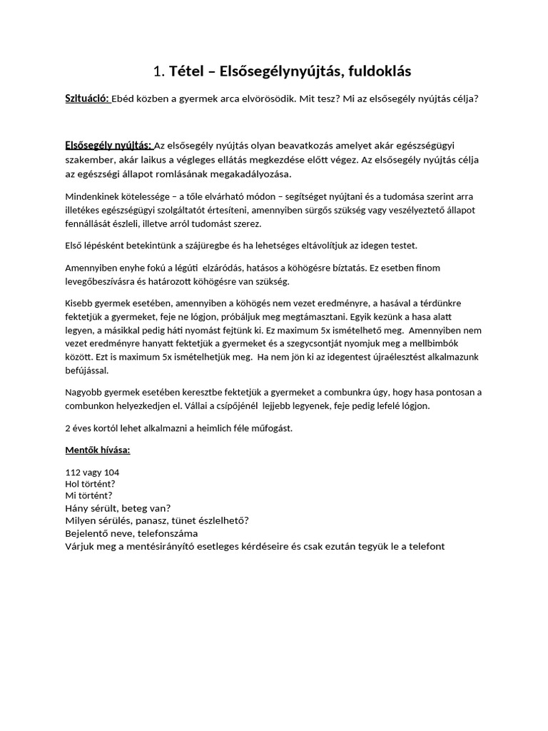1 Tétel - Elsősegély Nyújtás, Fuldoklás | PDF