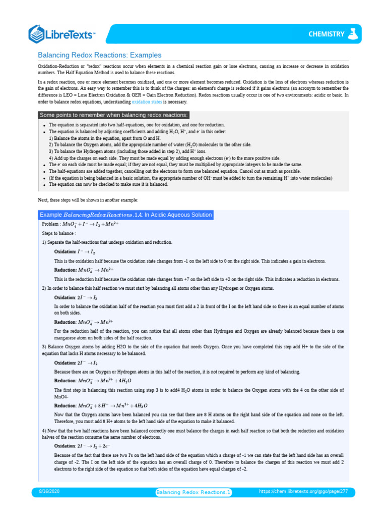 Balancing Redox Reactions | PDF | Redox | Chemical Reactions