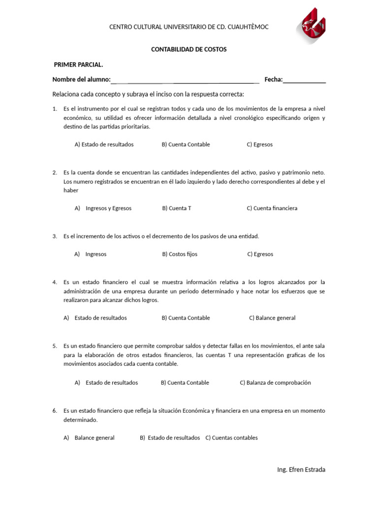 Examen Unidad 1 Contabilidad de Costos | PDF | Costo | Contabilidad