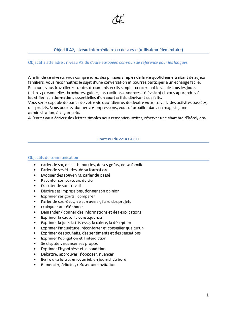 Cours de Français A2 : Objectifs et Contenu | PDF | Langue française ...