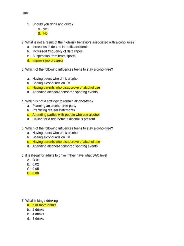 Alcohol Awareness Quiz for Teens | PDF