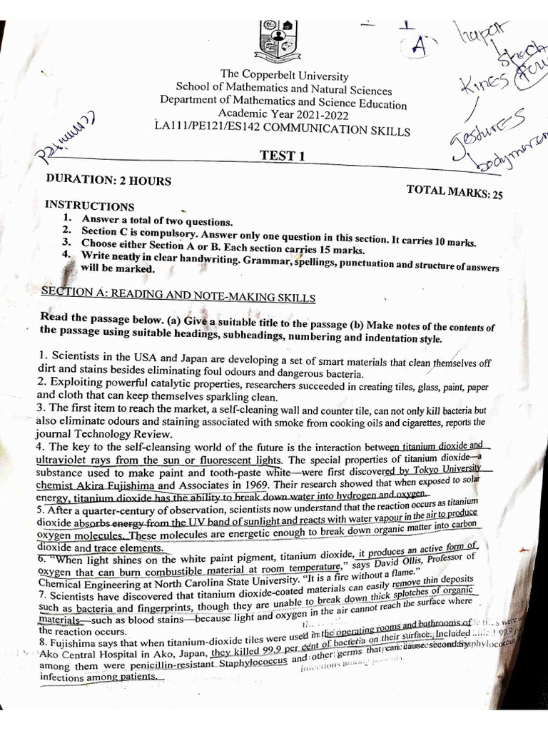 Communication Skills Test 1 Past Paper | PDF