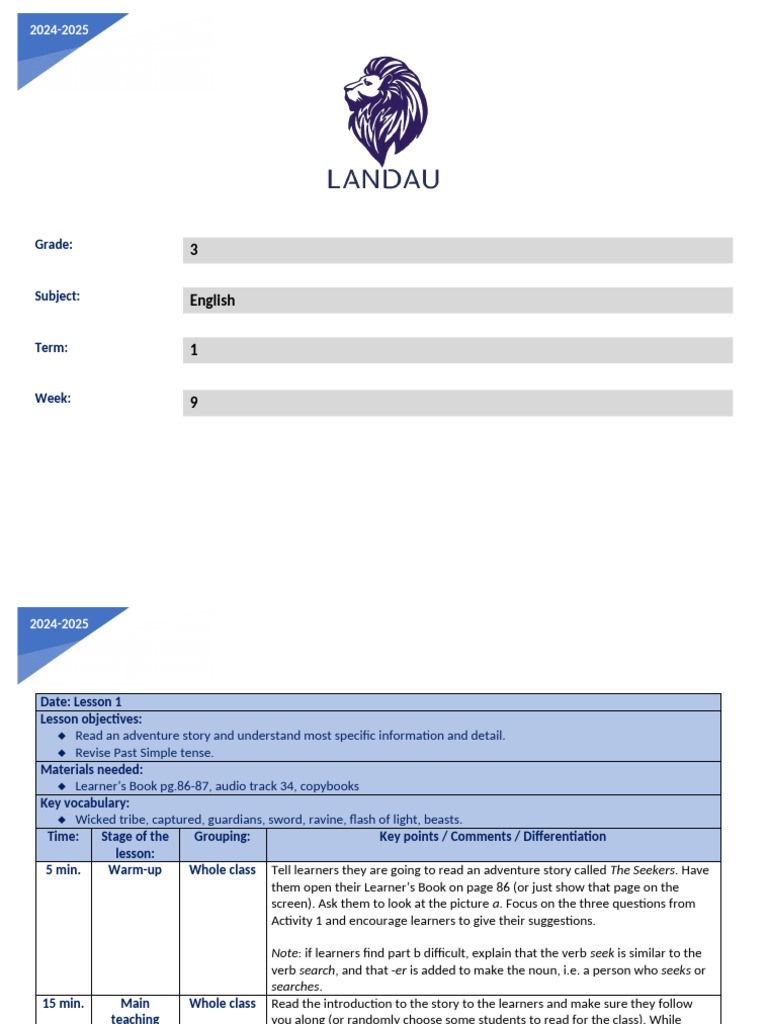 Adventure Story Lesson Plan: The Seekers | PDF | Grammatical Tense | Verb