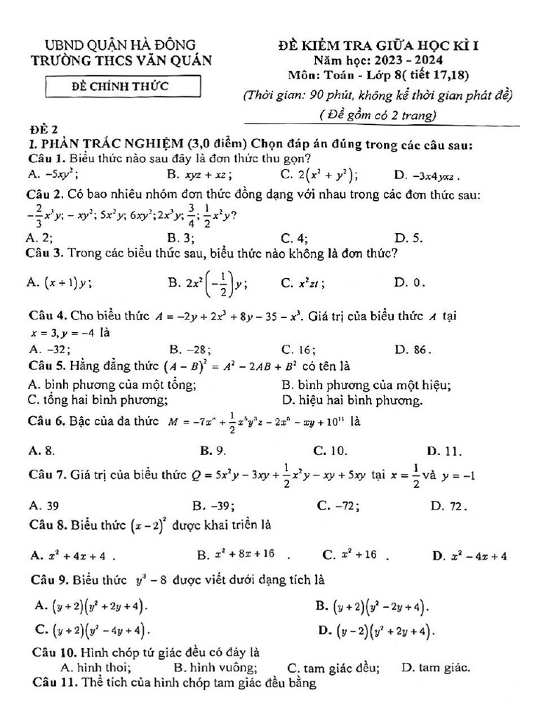De Giua Hoc Ki 1 Toan 8 Nam 2023 2024 Truong Thcs Van Quan Ha Noi | PDF