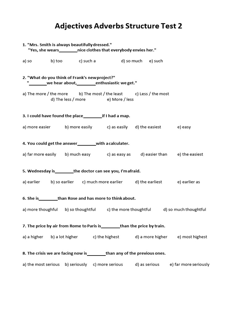 Adjectives Adverbs Structure Quiz 2 | PDF
