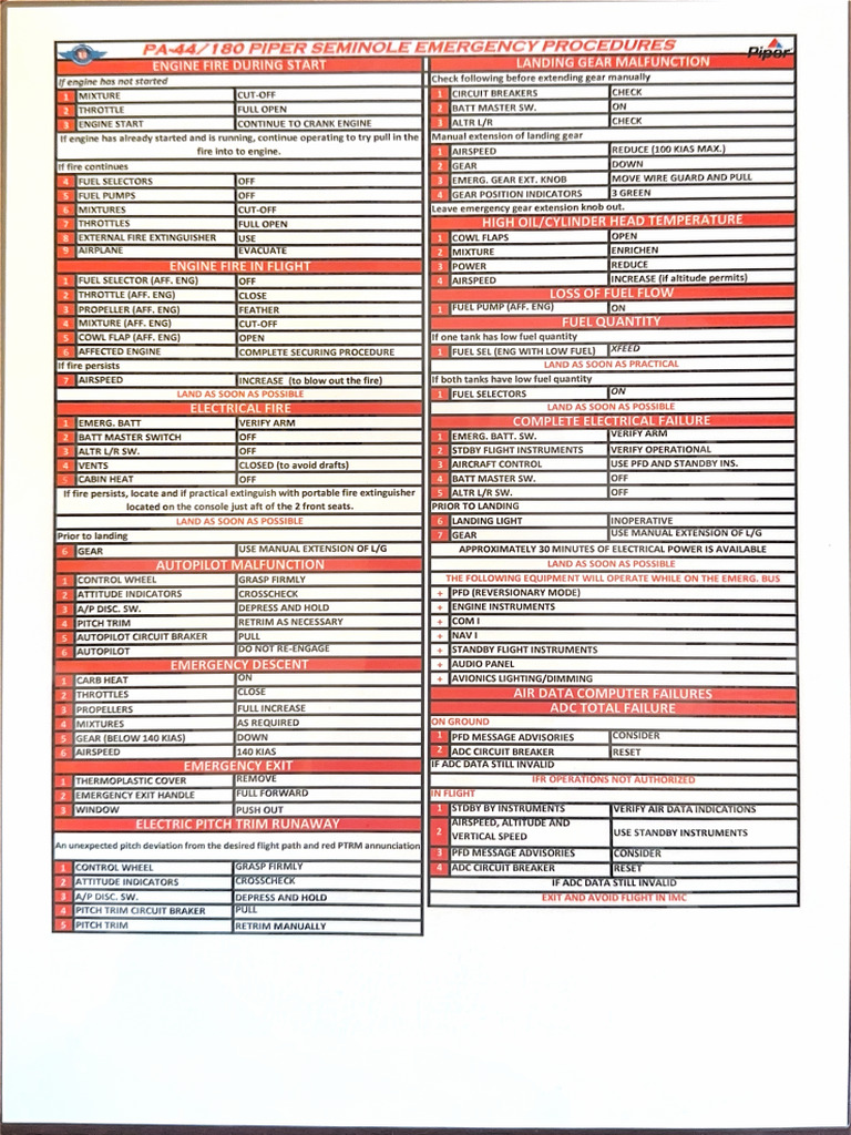 Pa-44180 Piper Seminole Emergency Procedures | PDF