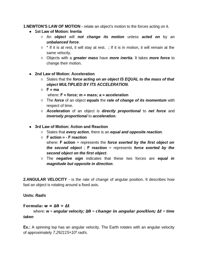 Physics Reviewer 2ND Quarter | PDF | Torque | Force