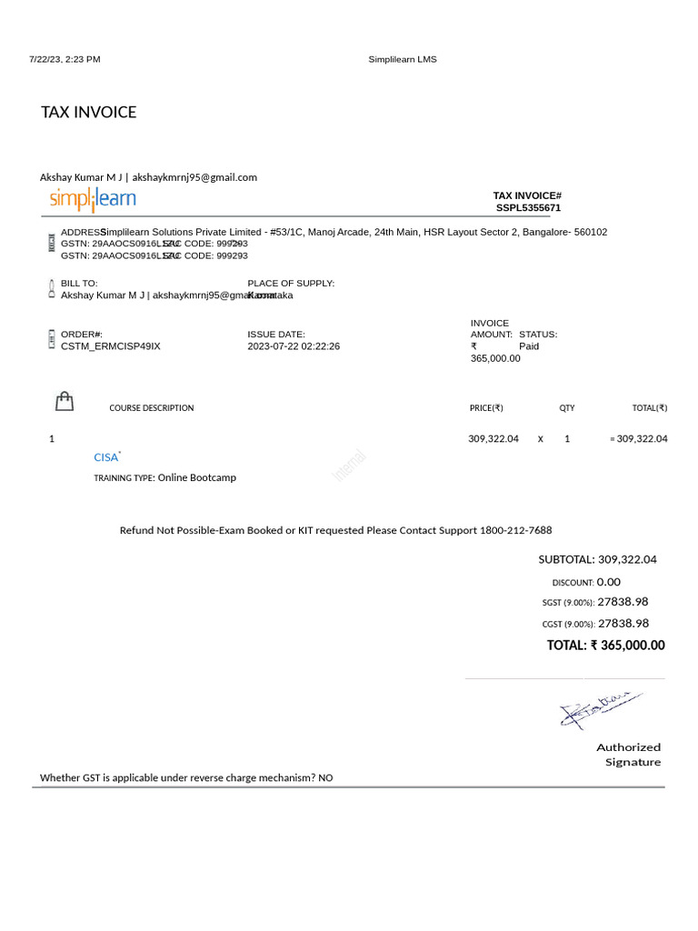 Simplilearn CISA Invoice 1 | PDF | Invoice | Government Finances