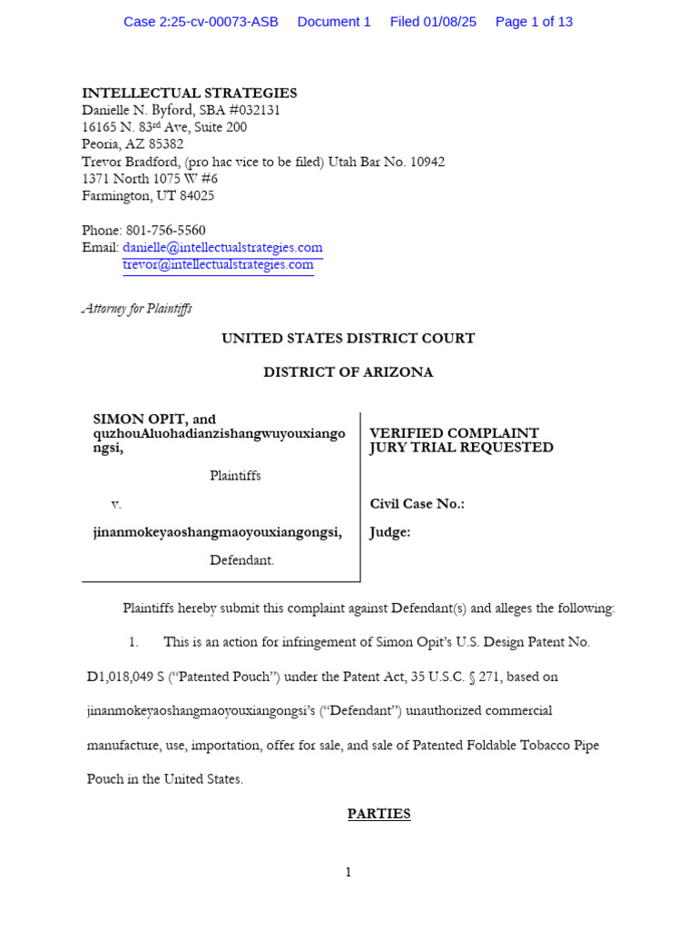 Opit v. Jinanmokeyaoshangmaoyouxiangongsi - Complaint | PDF | Legal Remedy | Injunction