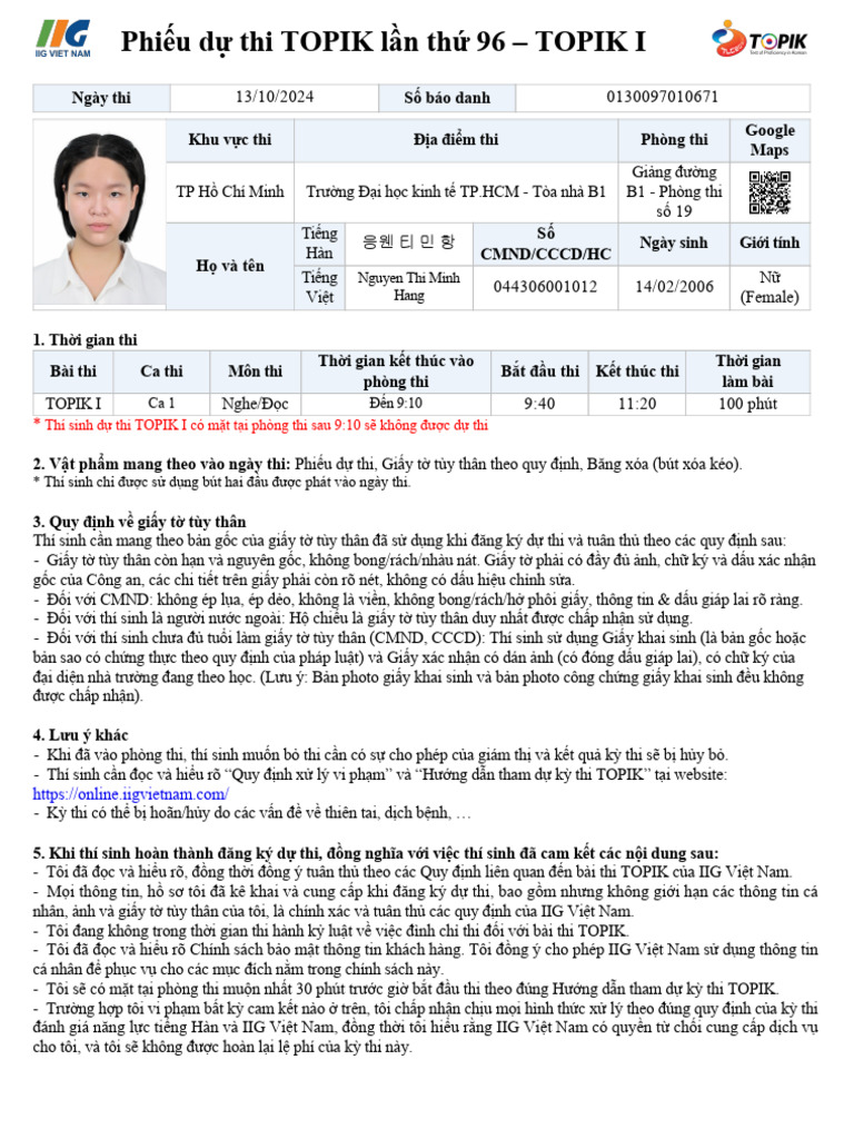 Phiếu dự thi TOPIK lần thứ 96 - TOPIK I: Nguyen Thi Minh Hang | PDF