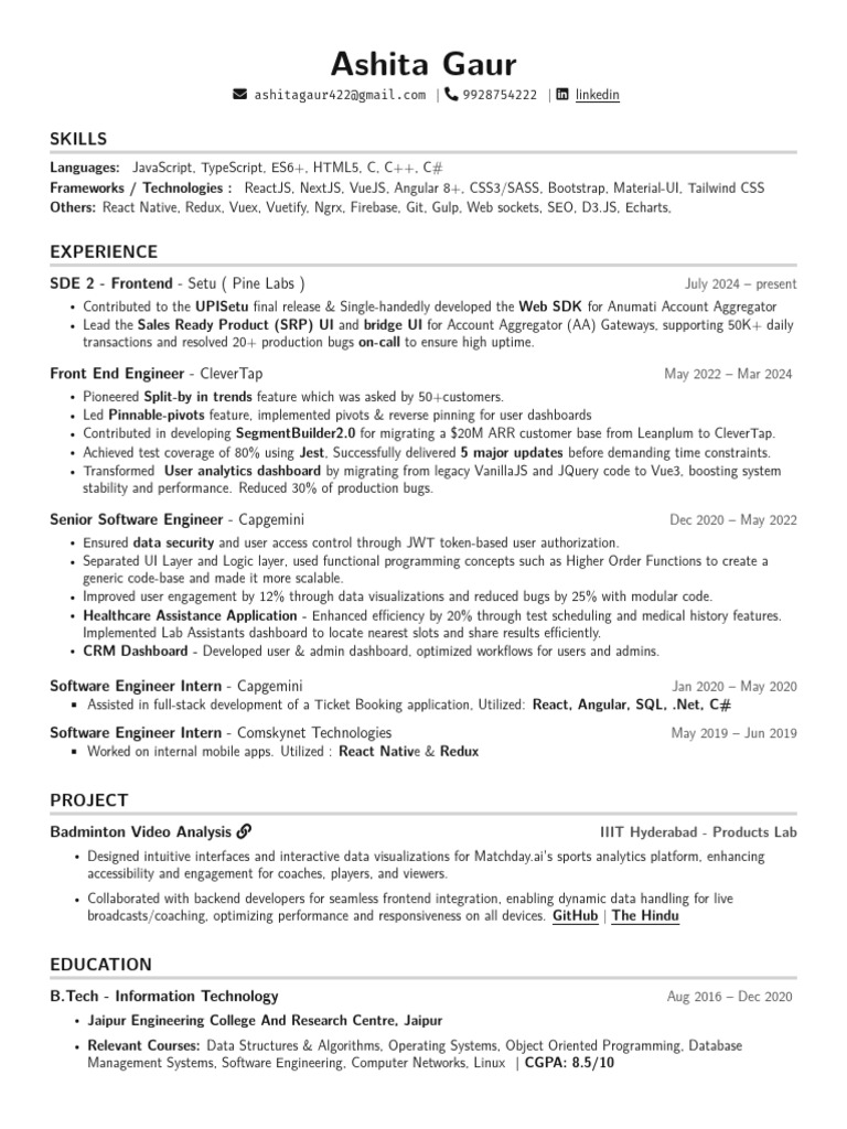 Ashita - SDE2 - Frontend - Resume - Ashita Gaur | PDF | Application Software | Computer Science