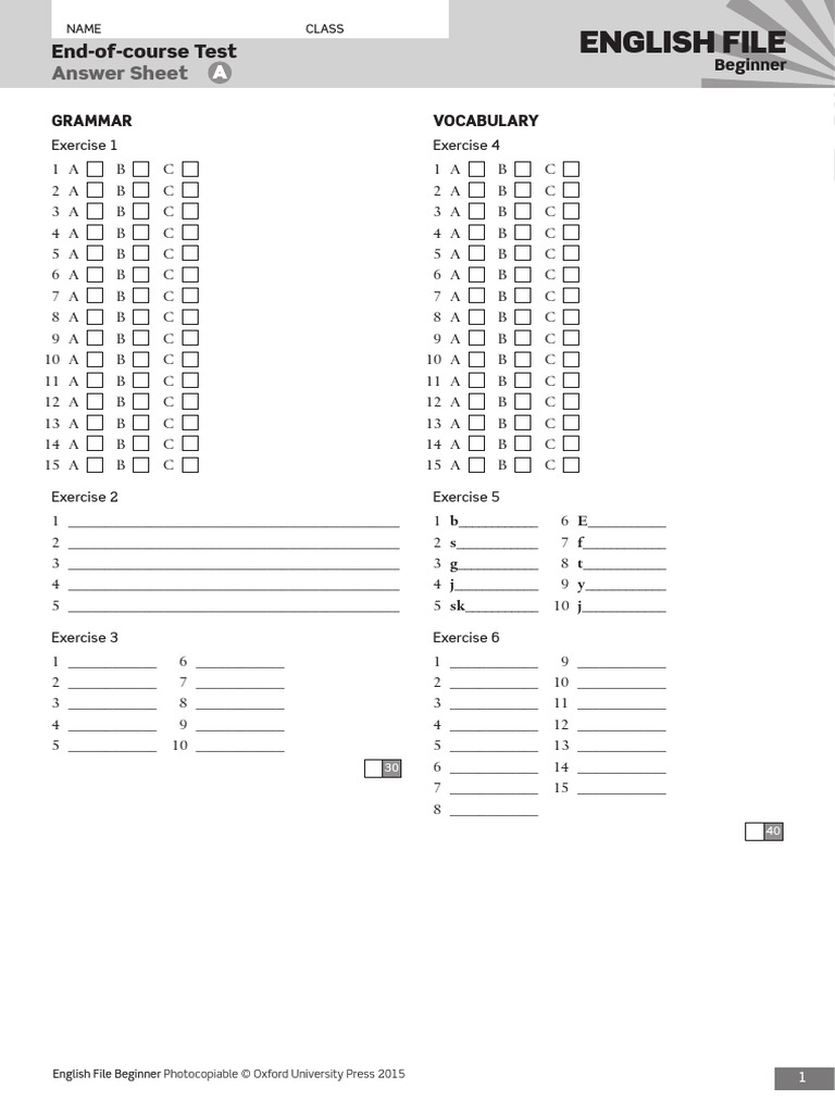 English File Beginner Test Answer Sheet | PDF | Linguistics | Applied ...
