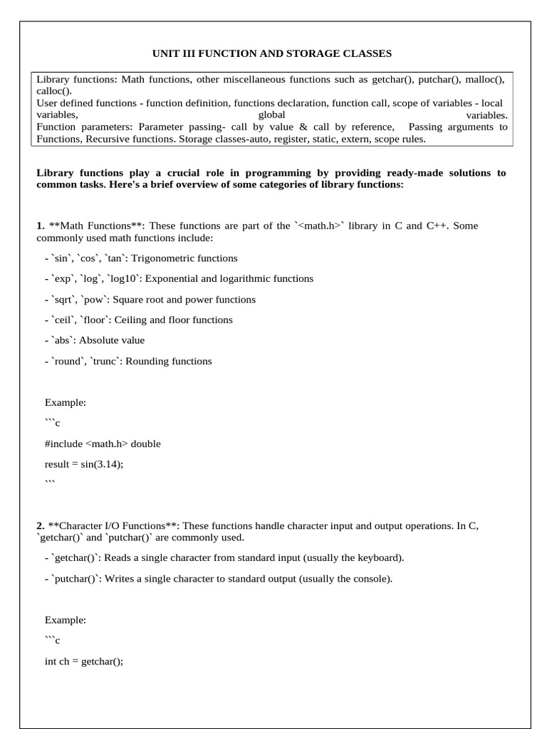 Unit Iii Function And Storage Classes Pdf Parameter Computer Programming Recursion