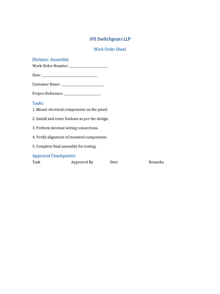 JVS Switchgears Work Order Sheet | PDF