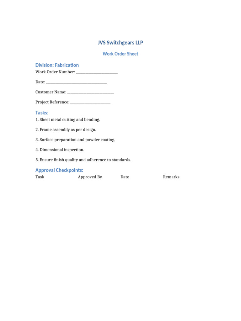 Fabrication Work Order Sheet | PDF