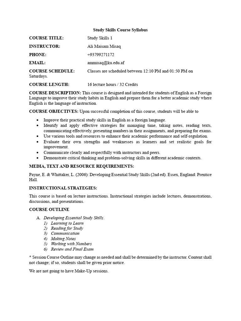 Study Skills Course Syllabus 1Y1S | PDF | Study Skills | Cognitive Science