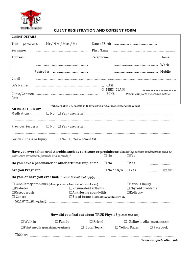 Client Registration for Physiotherapy | PDF | Physical Therapy | Consent