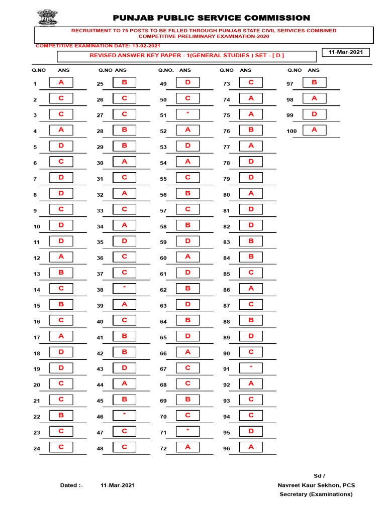 General Studies Answer Key Set D | PDF