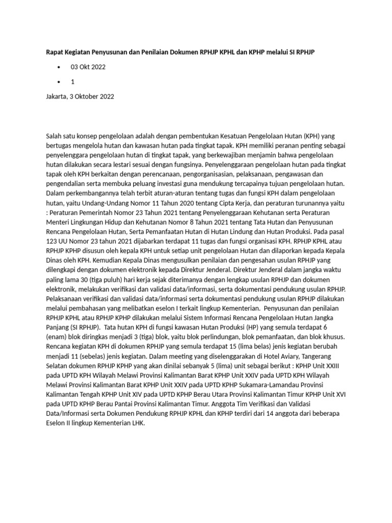 Rapat Kegiatan Penyusunan Dan Penilaian Dokumen RPHJP KPHL Dan KPHP Melalui SI RPHJP | PDF