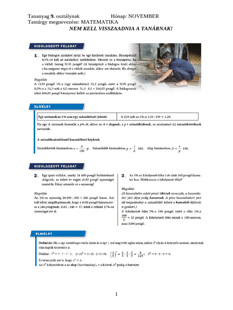 Matematika - 9.o. - Novemberi Tananyag | PDF