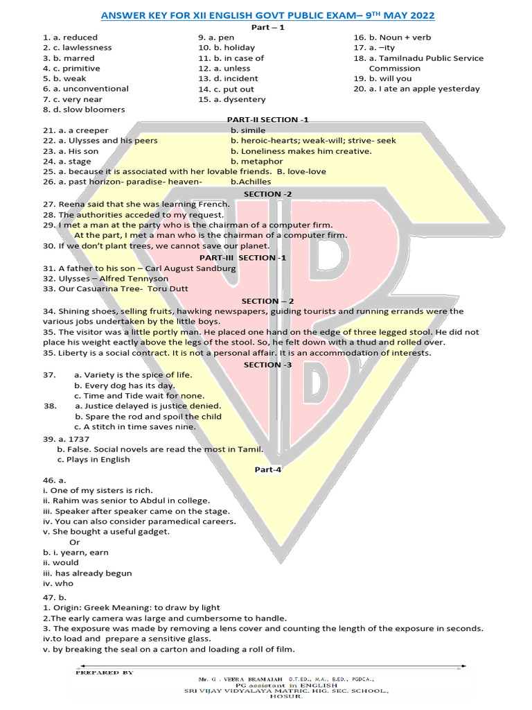 English 12 Exam Answer Key 2022 | PDF