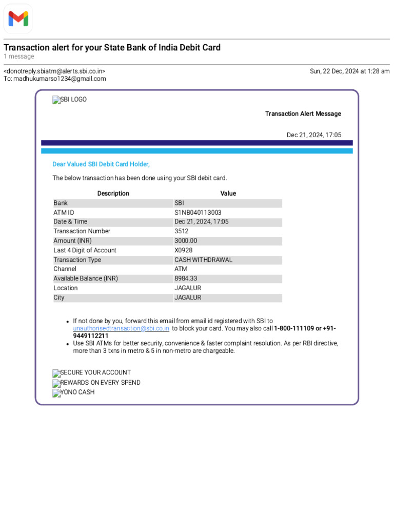 Gmail - Transaction Alert For Your State Bank of India Debit Card | PDF