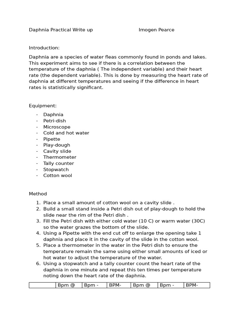 Daphnia practical write up | PDF | Temperature | Heart Rate