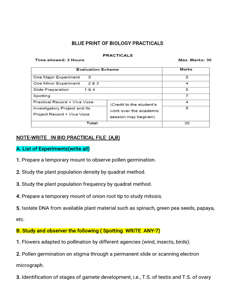 Blue Print of Biology Practicals-1 | PDF