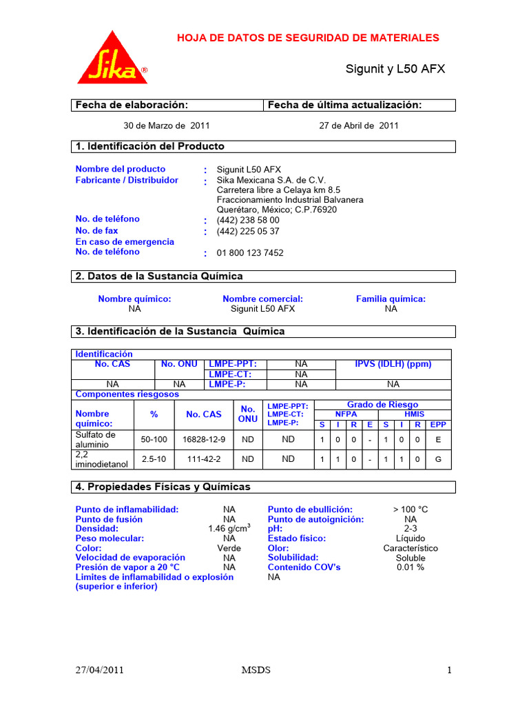 MSDS Sigunit L50 AFX | PDF | Dióxido de carbono | Agua