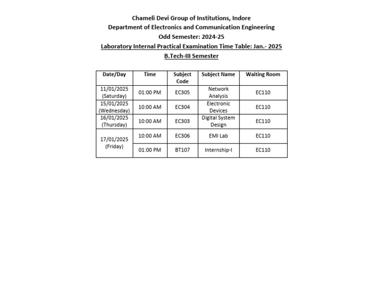 EC-III sem Internal Time table-Student | PDF