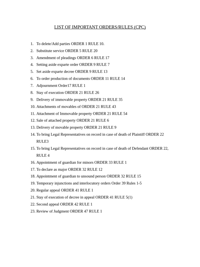 Important CPC Orders and Rules List | PDF