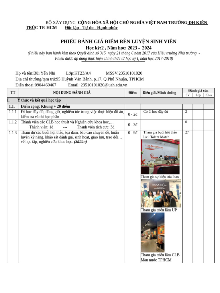 PHIEU DIEM REN LUYEN - ban hanh theo Quyết định 315 | PDF