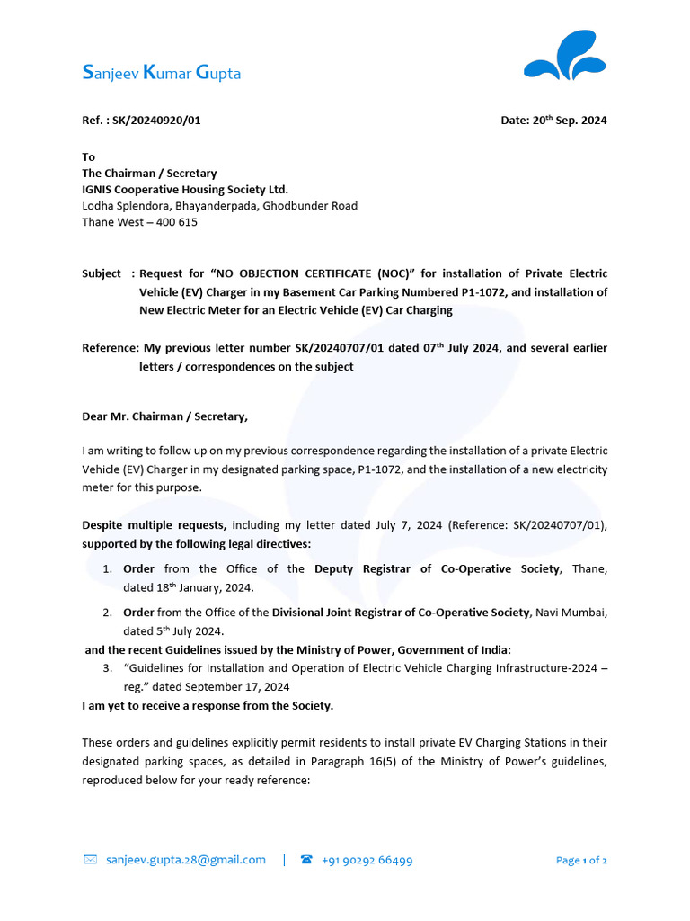 NOC Request for EV Charger Installation | PDF