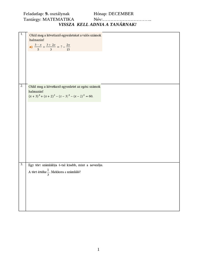 Matematika - 9.o. - Decemberi Feladatlap | PDF