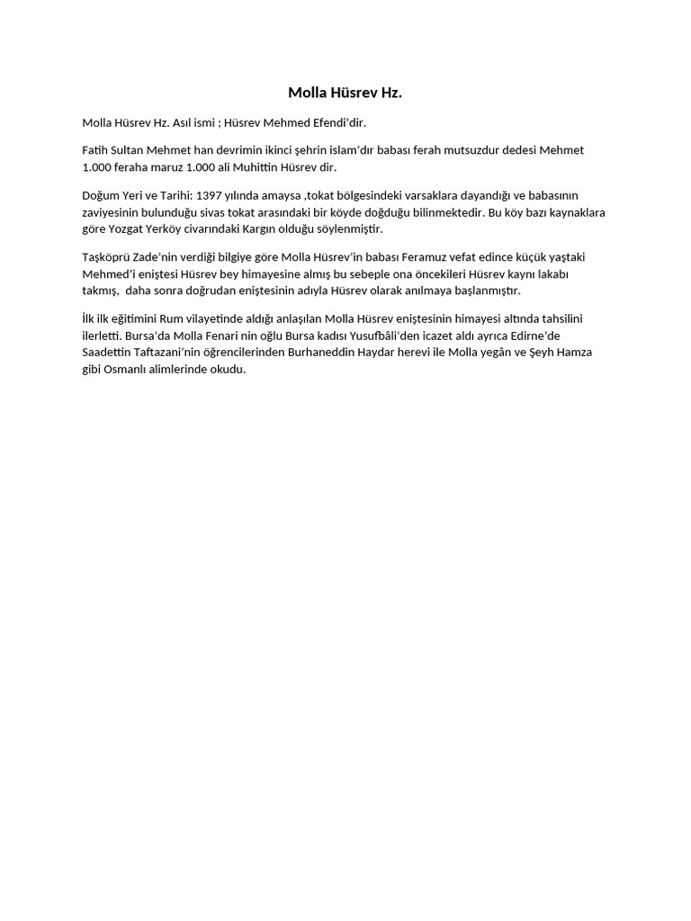 Molla Hüsrev Hazretleri Hakkında Mâlumat | PDF
