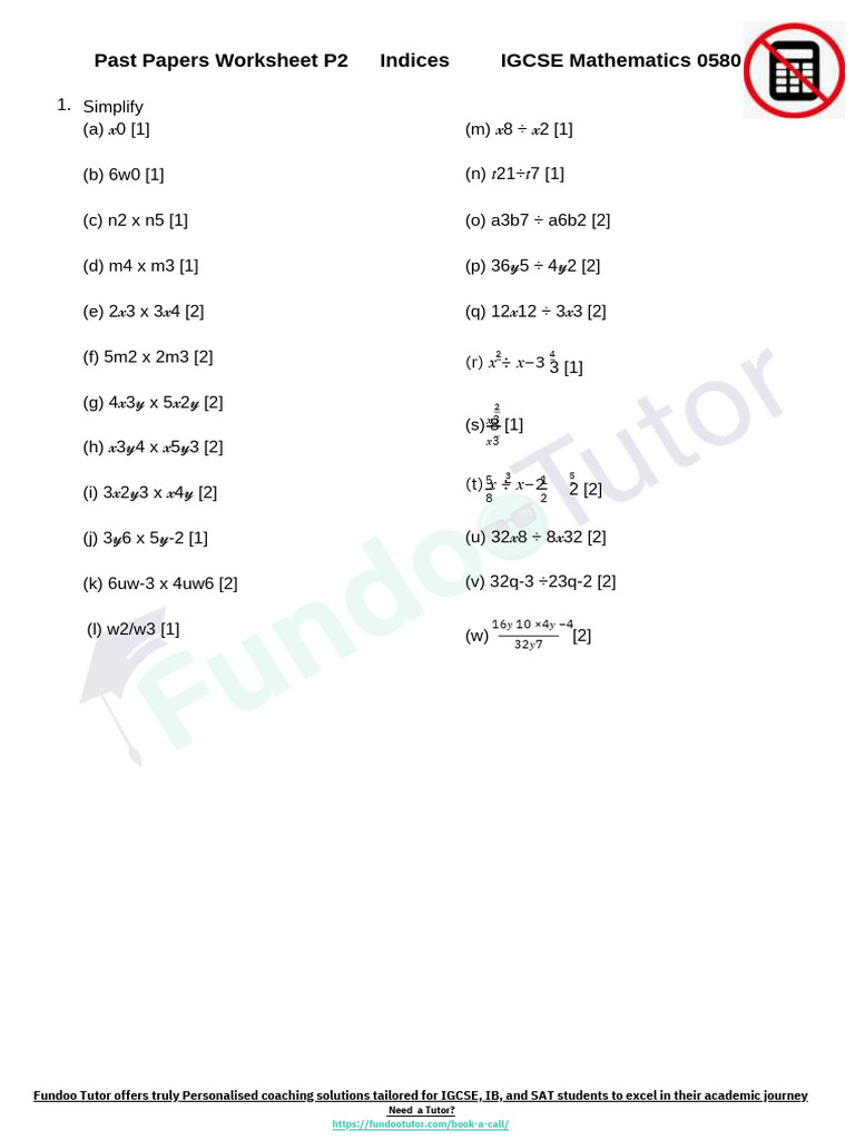 IGCSE Math 0580 Indices Past Paper Worksheet P2 | PDF