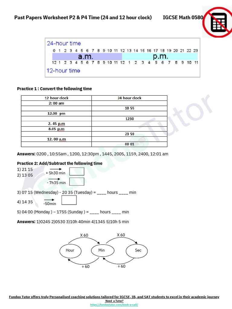 IGCSE Math 0580 Time 24 and 12 Hour Clock Past Paper Worsheet P2 and P4 ...