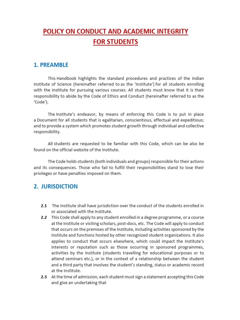 Student Conduct and Integrity Policy | PDF | Academic Integrity ...