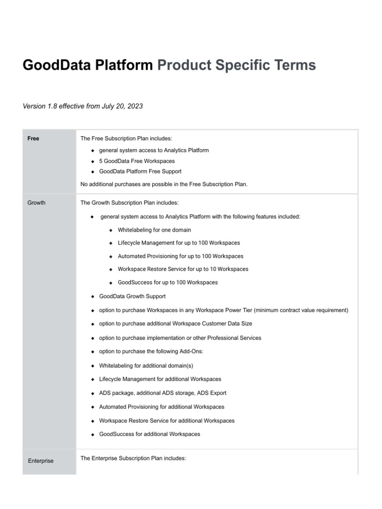 Gooddata Platform Product Specific Terms 1 4 | PDF | Data Warehouse | Databases
