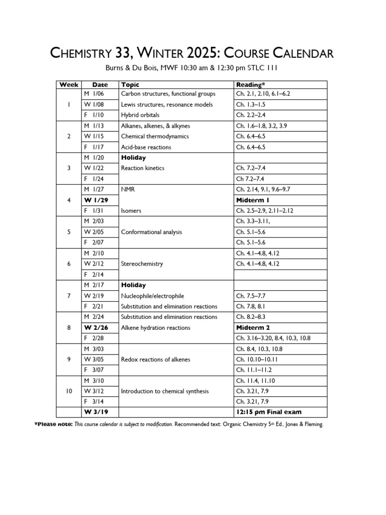 Chem33 w2025 Course Calendar | PDF | Chemical Reactions | Alkene