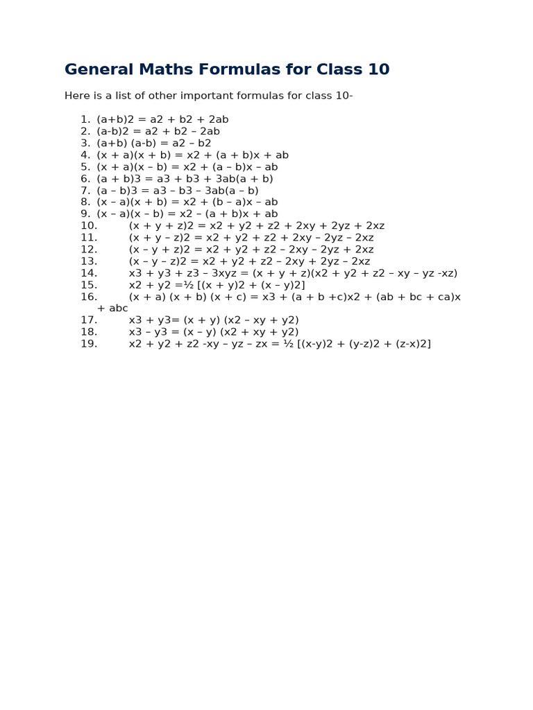 General Maths Formulas For Class 10 | PDF