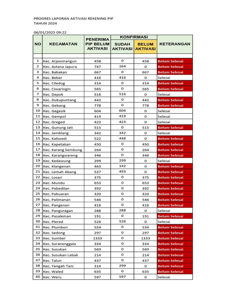 Progres laporan aktivasi pip 2024-06012025 | PDF