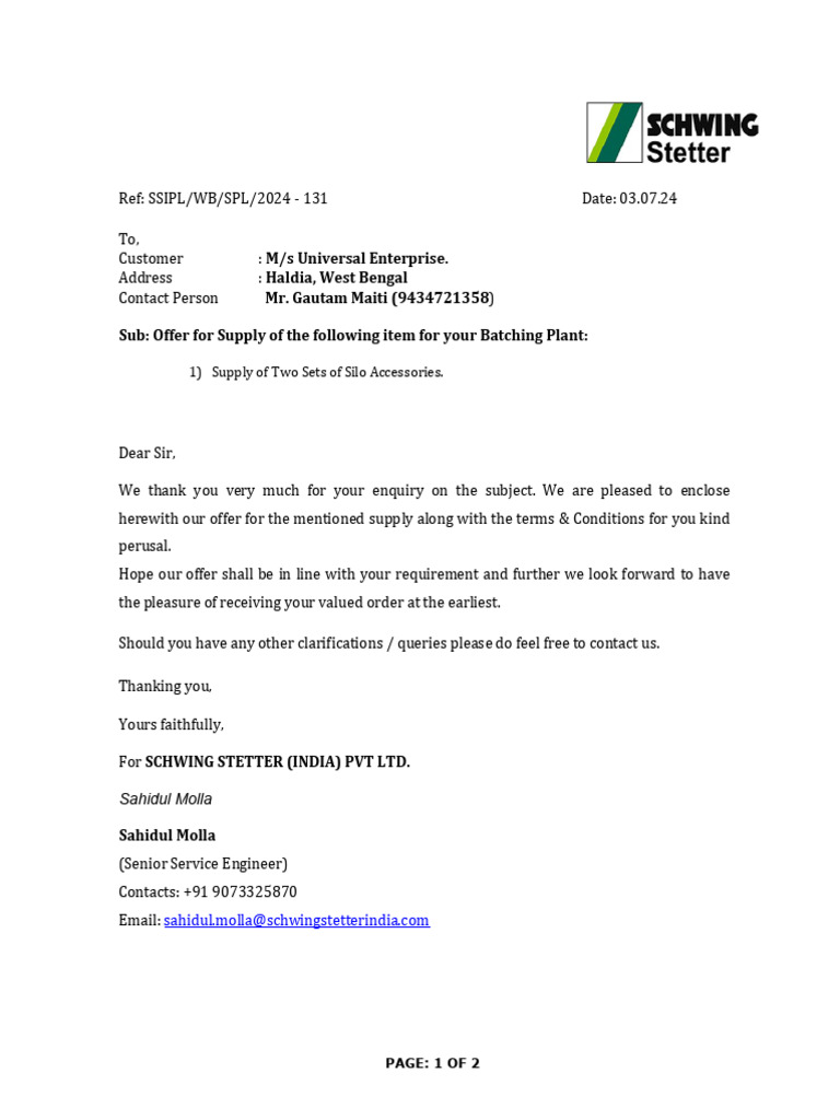 Silo Accessories Supply Offer Letter | PDF