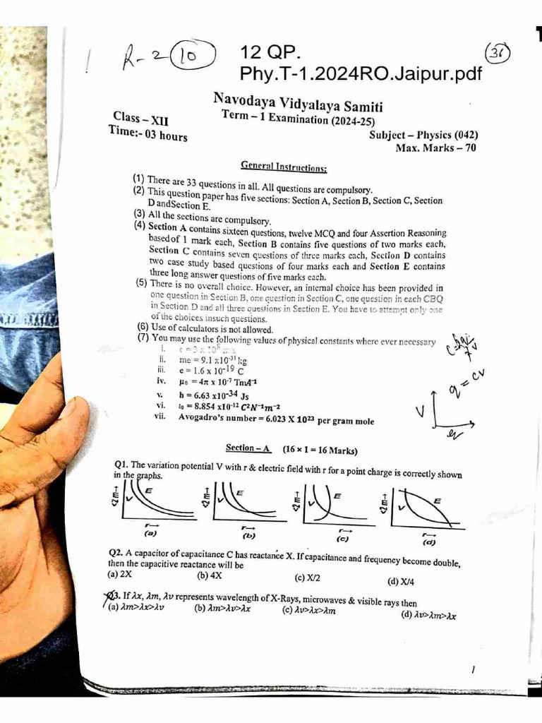 12 Phy.T-1.QP - MS.2024-25RO - Jaipur | PDF
