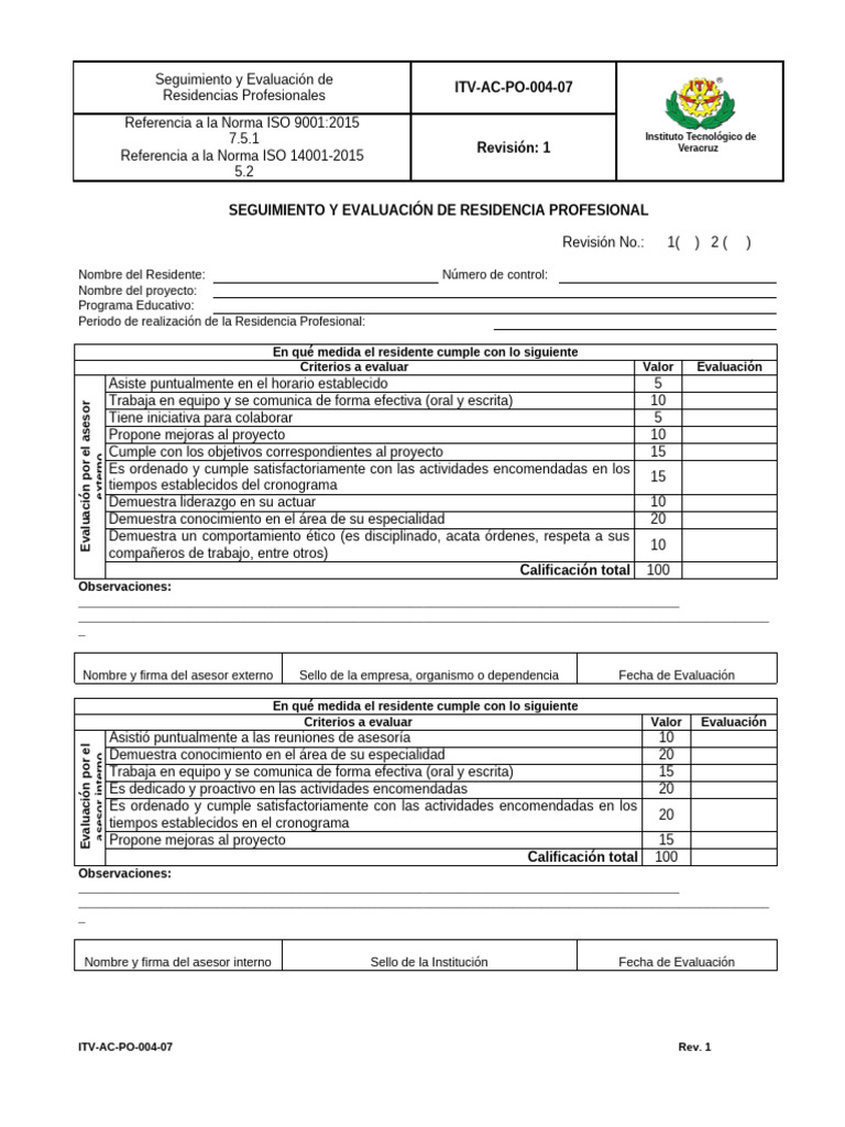 ITV-AC-PO-004-07 Rev. 1 Seguimiento y Evaluación | PDF
