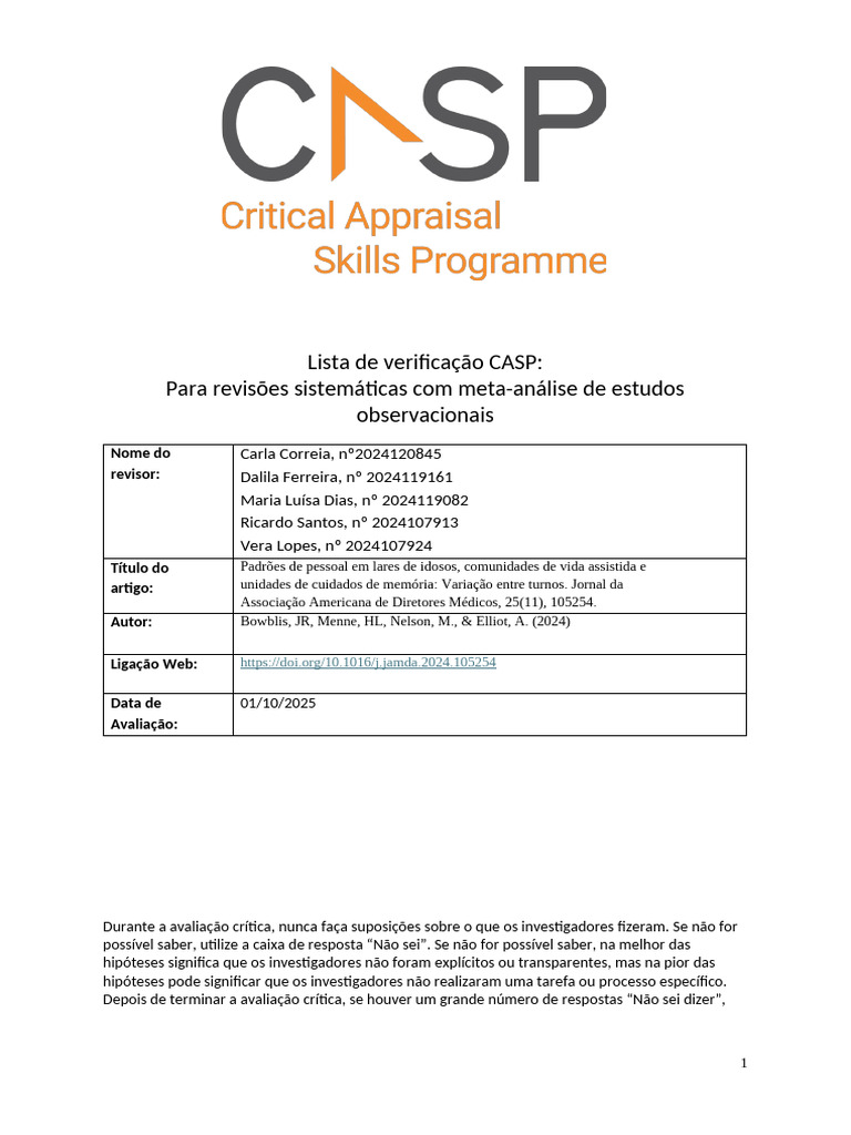 Trabalho - CASP Checklist Systematic Reviews Observational Studies ...