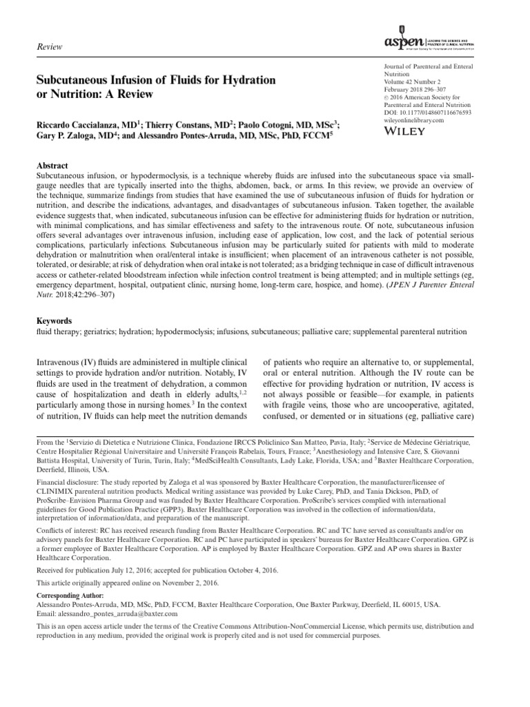 Subcutaneous Infusion of Fluids For Hydration or Nutrition A Review ...